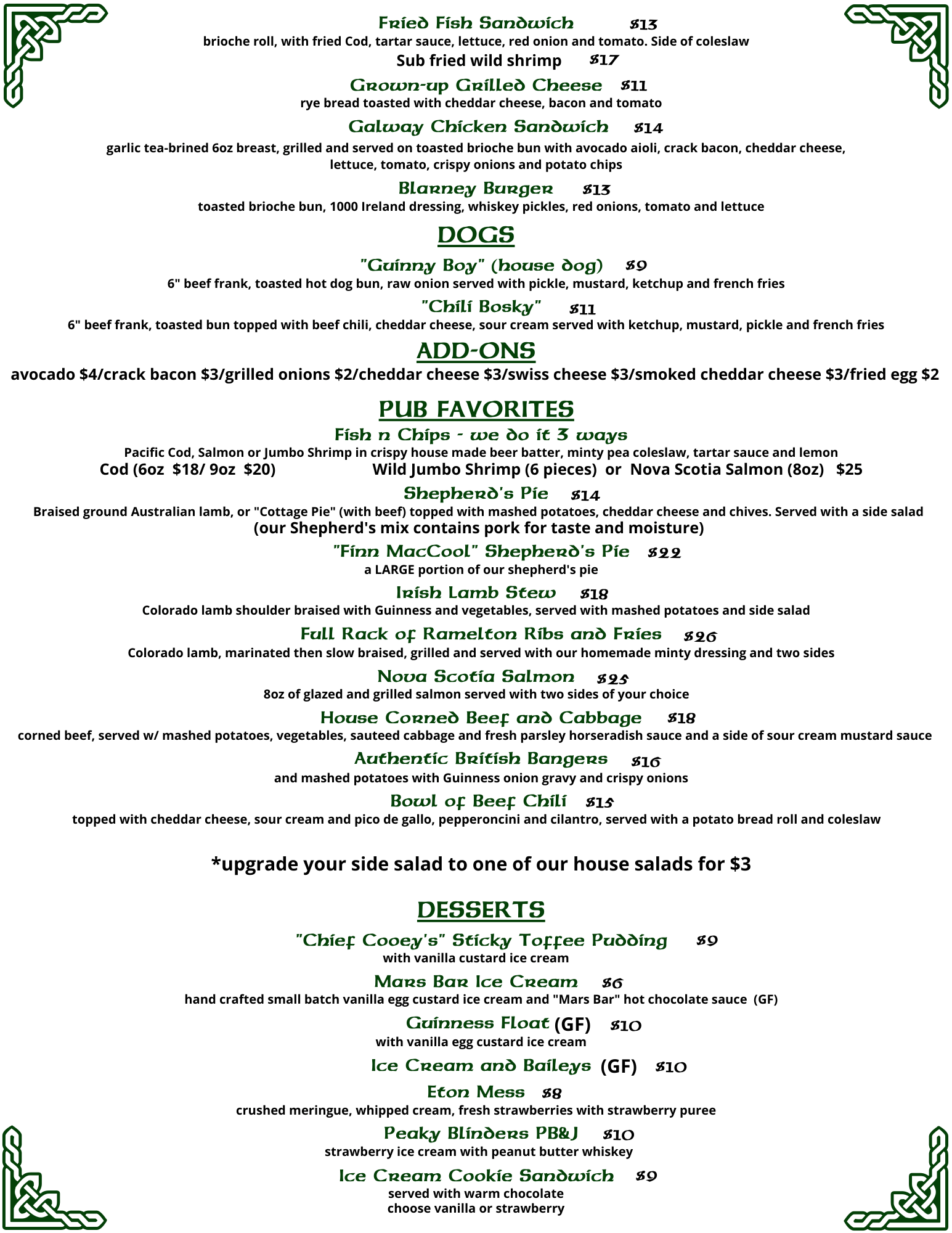 Food Menu | Rancho Mirage, CA | O'Caines's Irish Pub