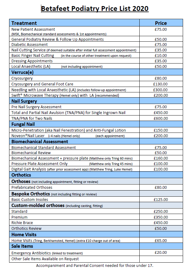 Podiatry price list | Betafeet Podiatry