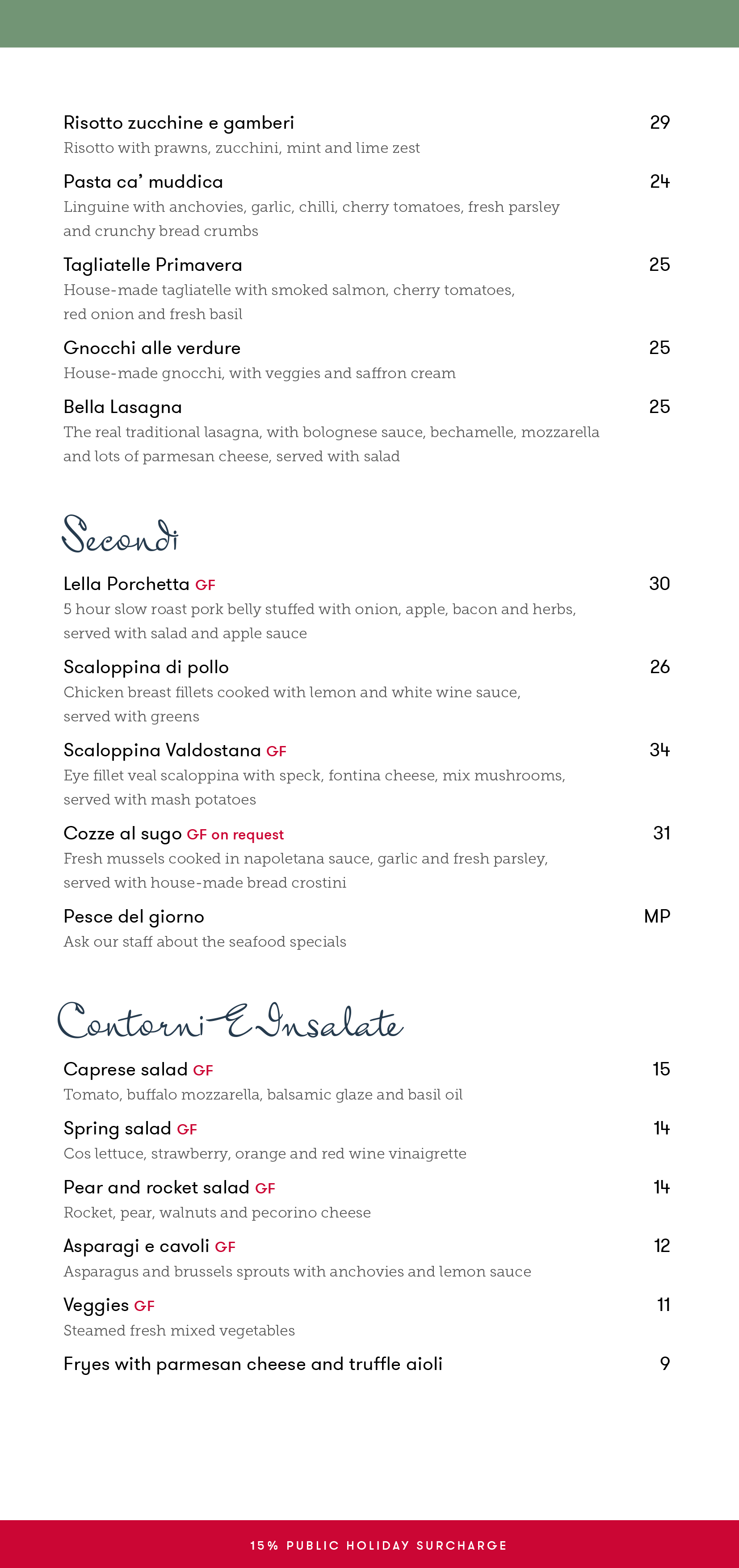 Menu | Bella Italia