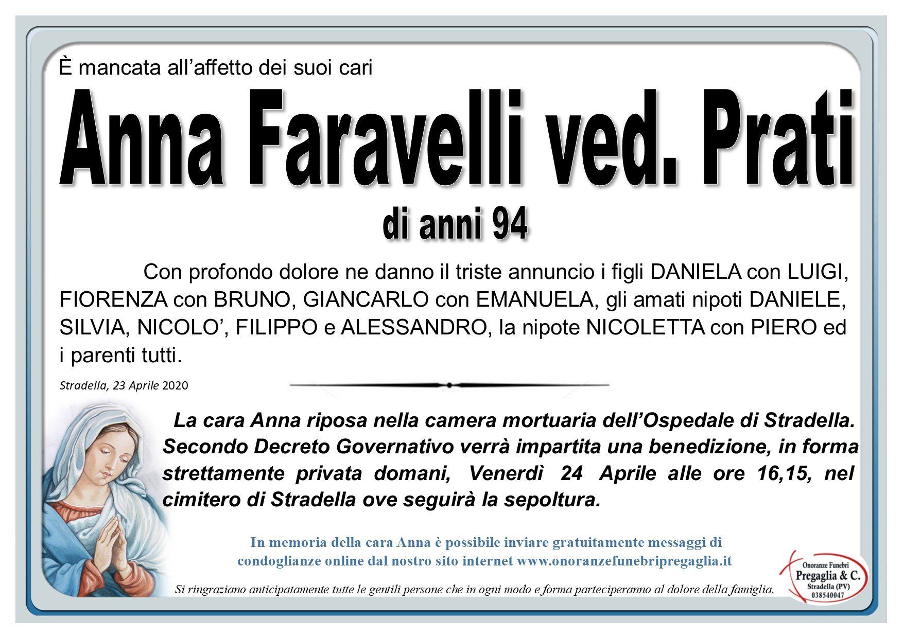 Necrologi | Stradella | Onoranze Funebri Pregaglia & C.