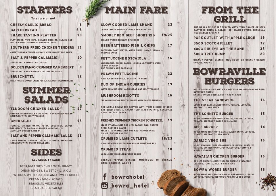 Bowra Hotel | Bowraville, NSW | Menu