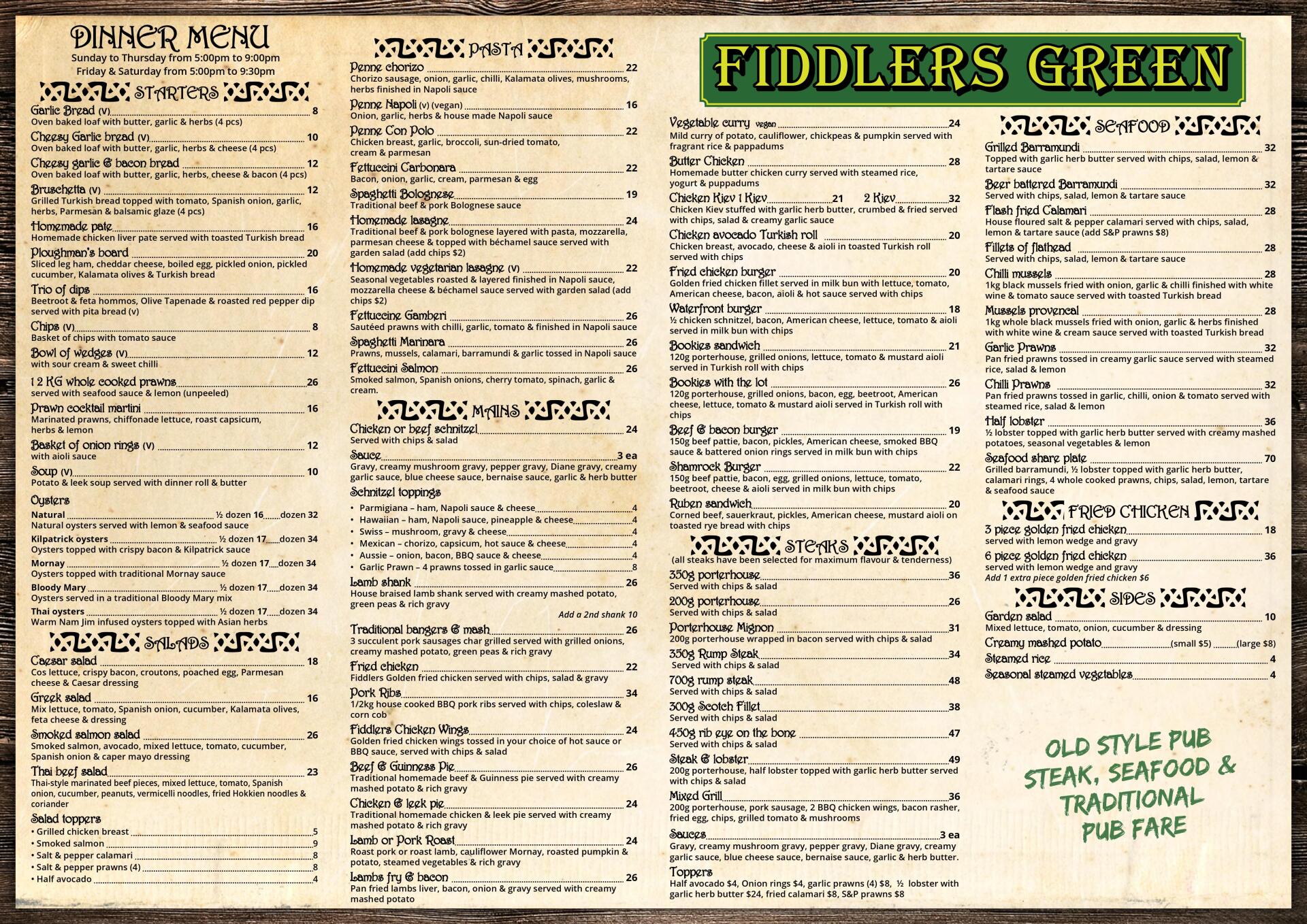 Fiddler's Green - Darwin | Menus