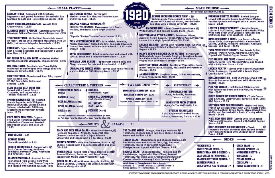 Global Inspired Cuisine | View Our Menus | 1920 Tavern